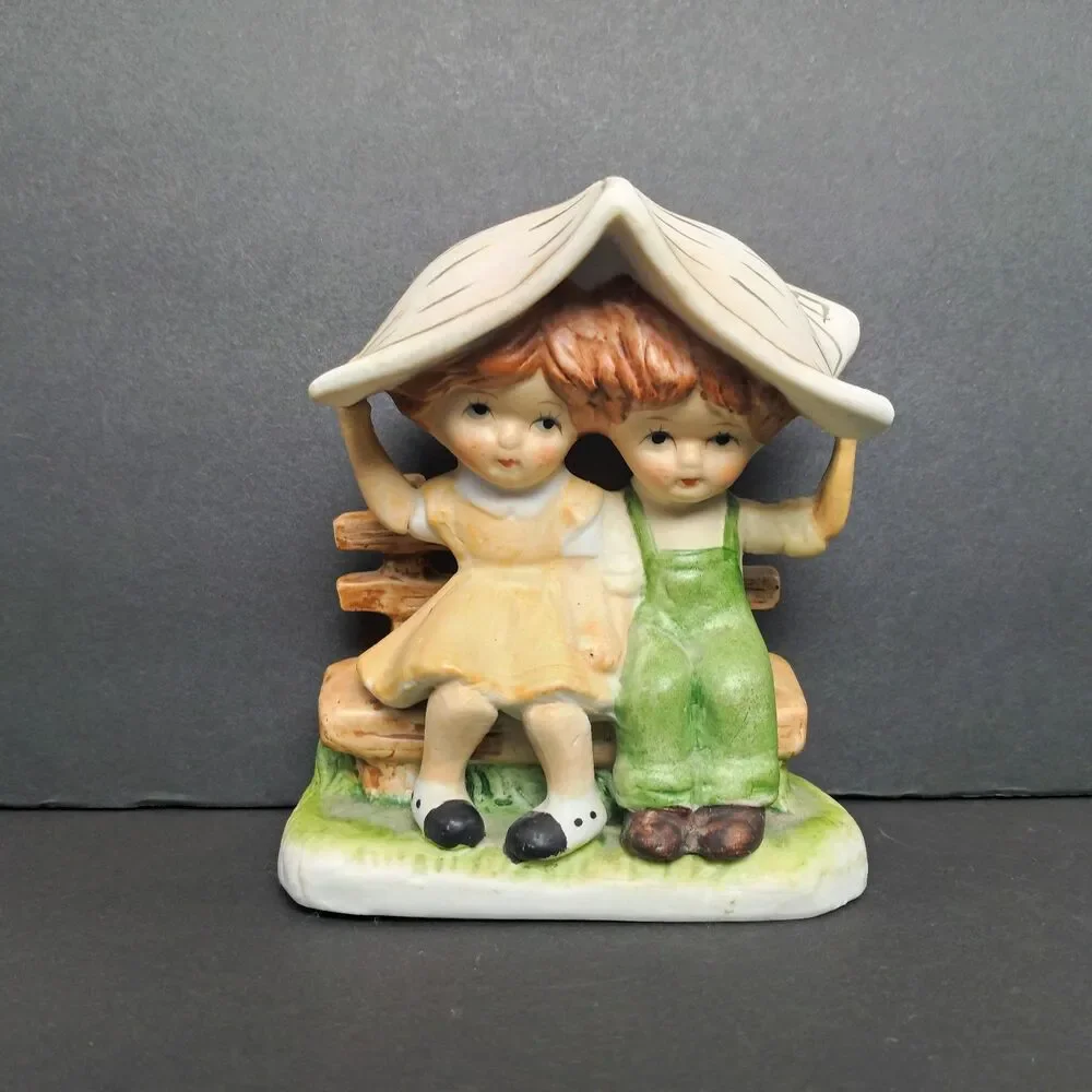 Accents | Vtg Ceramic Figurine Girl Boy Yellow Green Hide From Rain ...